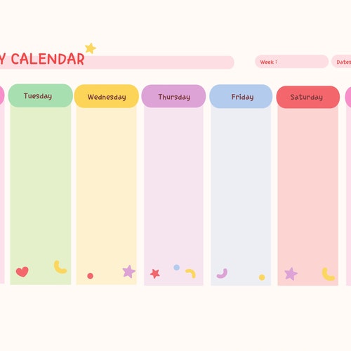 Kids Weekly Calendar / Cute Colorful Printable Children's - Etsy