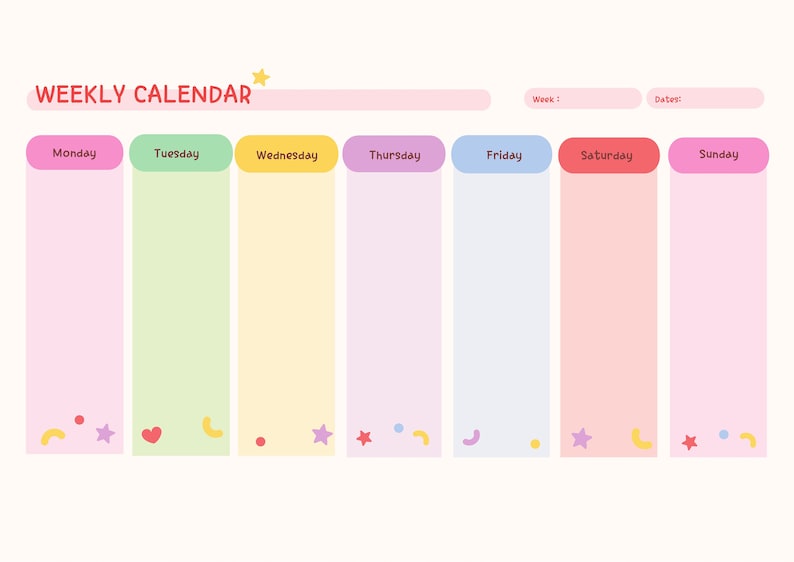 Kids Weekly Calendar / Cute Colorful Printable Children's Weekly ...