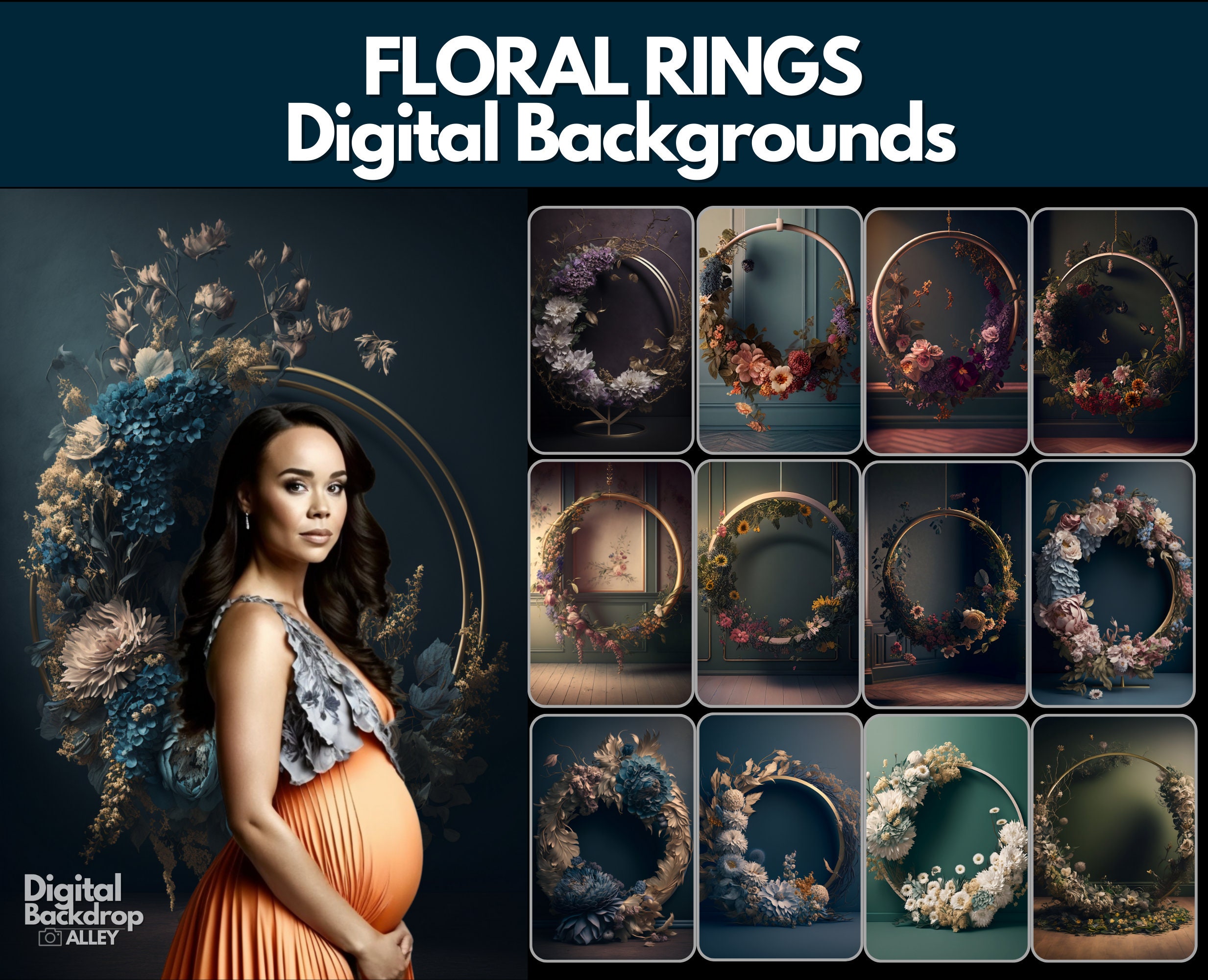 Maternity Digital Backgrounds, Pregnancy Digital Backdrops, Floral Ring ...