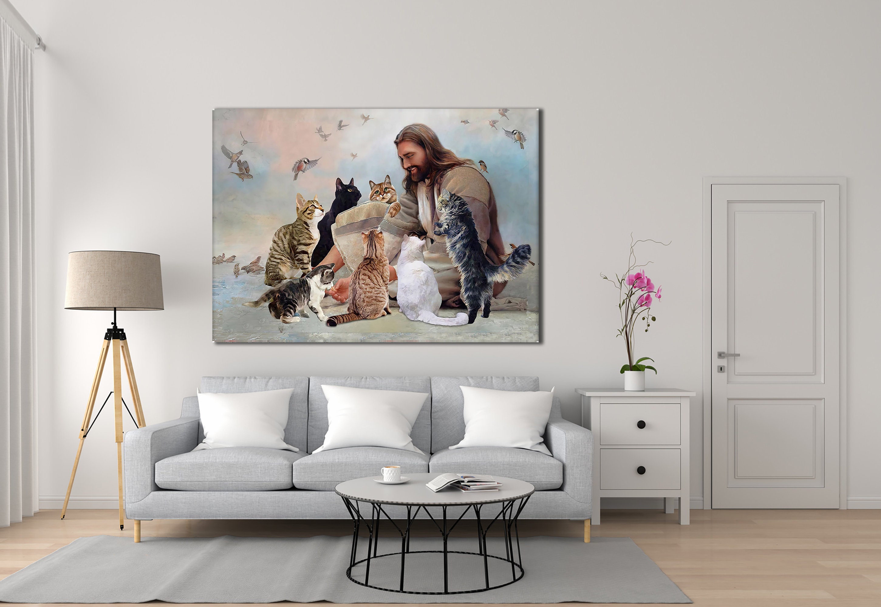 God Surrounded by Cats Angels Canvas Wall Art, Cat Lovers Canvas, Cat ...