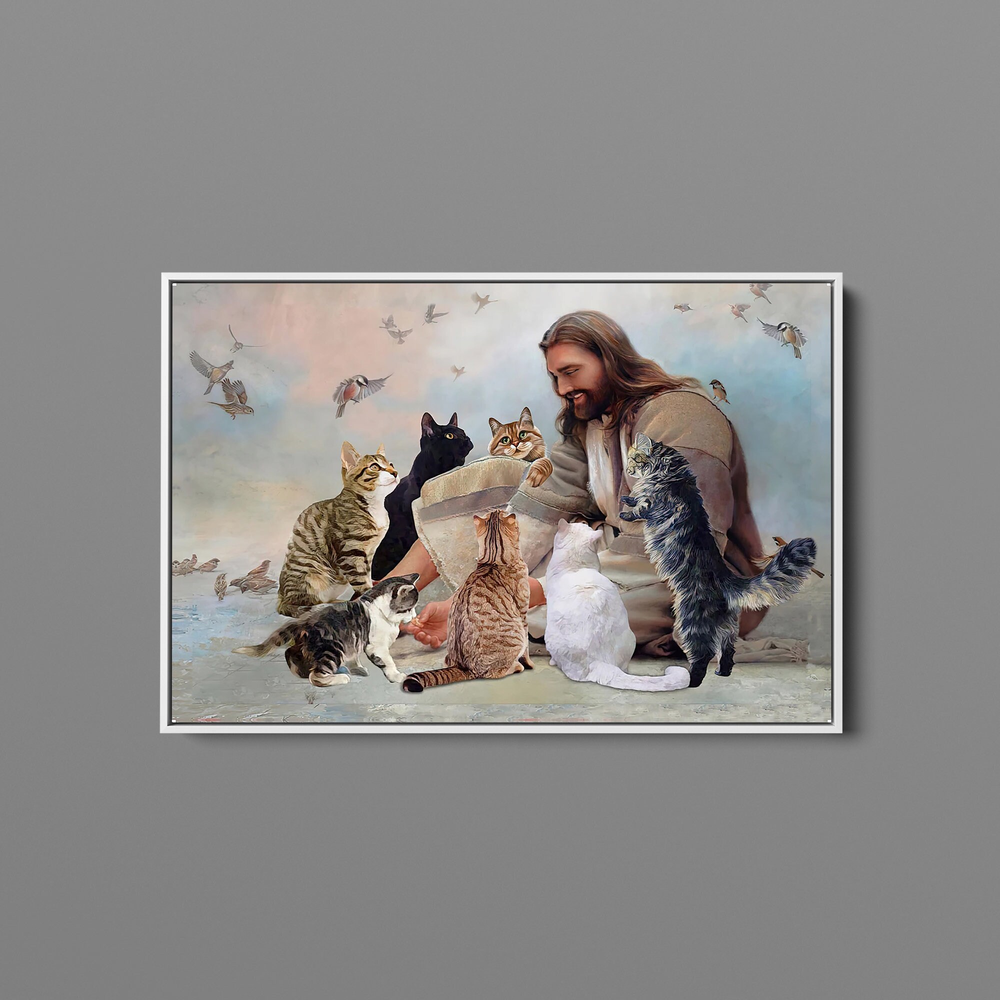 God Surrounded by Cats Angels Canvas Wall Art, Cat Lovers Canvas, Cat ...