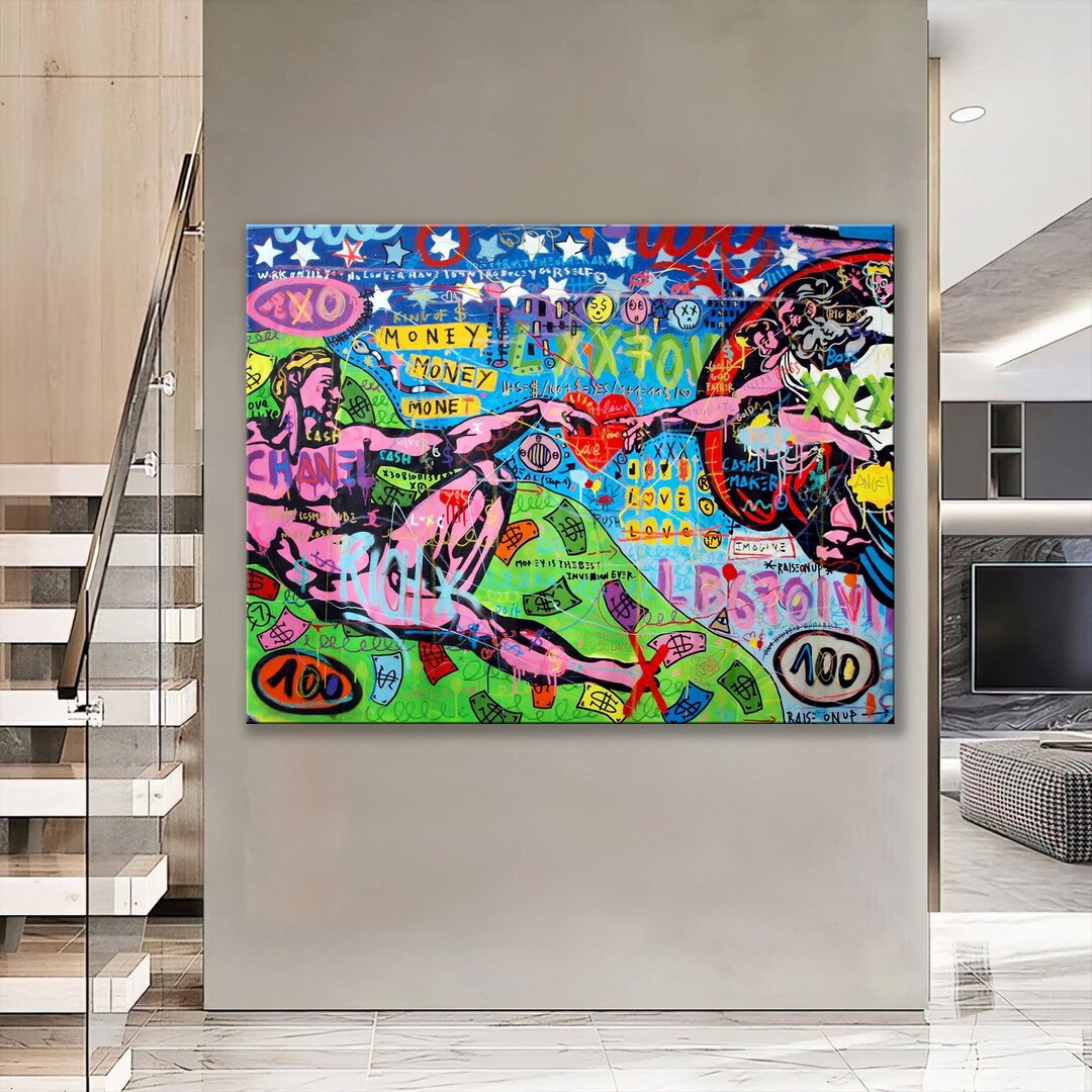 Banksy Style Creation of Adam Canvas Artwork, Adam is Big Boss Graffiti ...