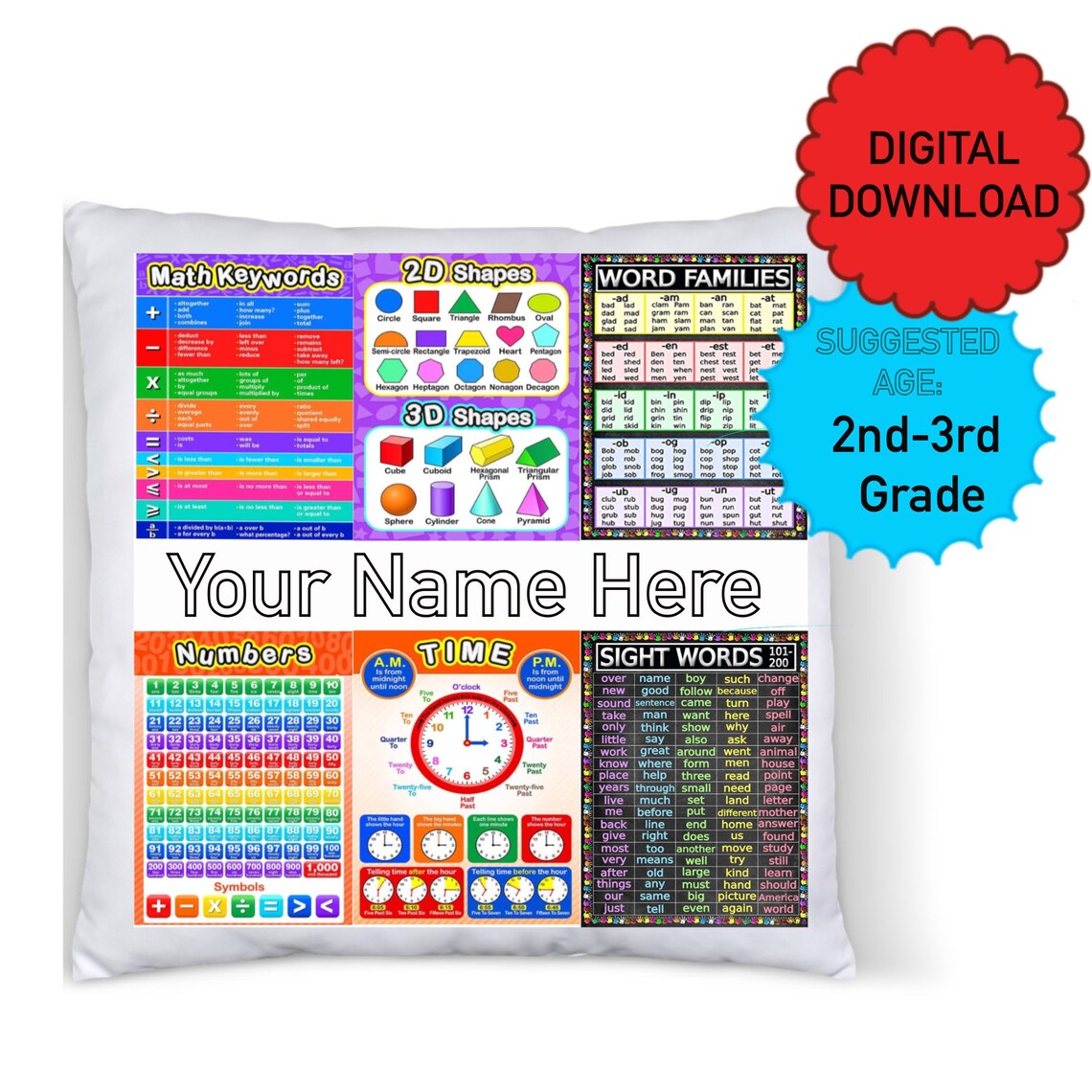 2nd - 3rd Grade Learning Pillow Template PNG Download - Etsy