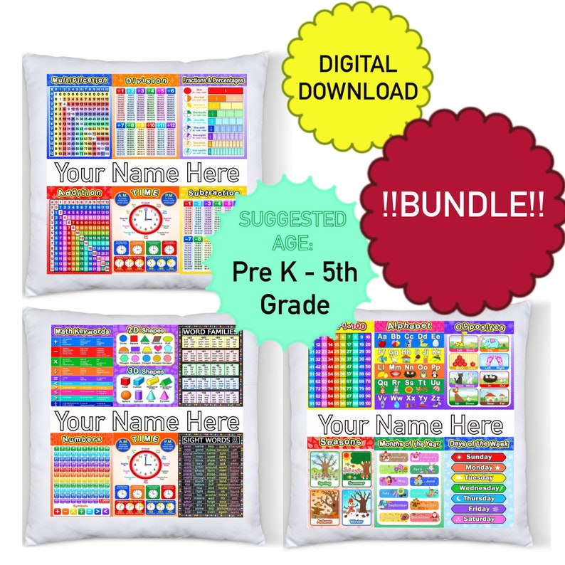 Pre K - 5th Grade Learning Pillow Template Bundle PNG Download - Etsy ...