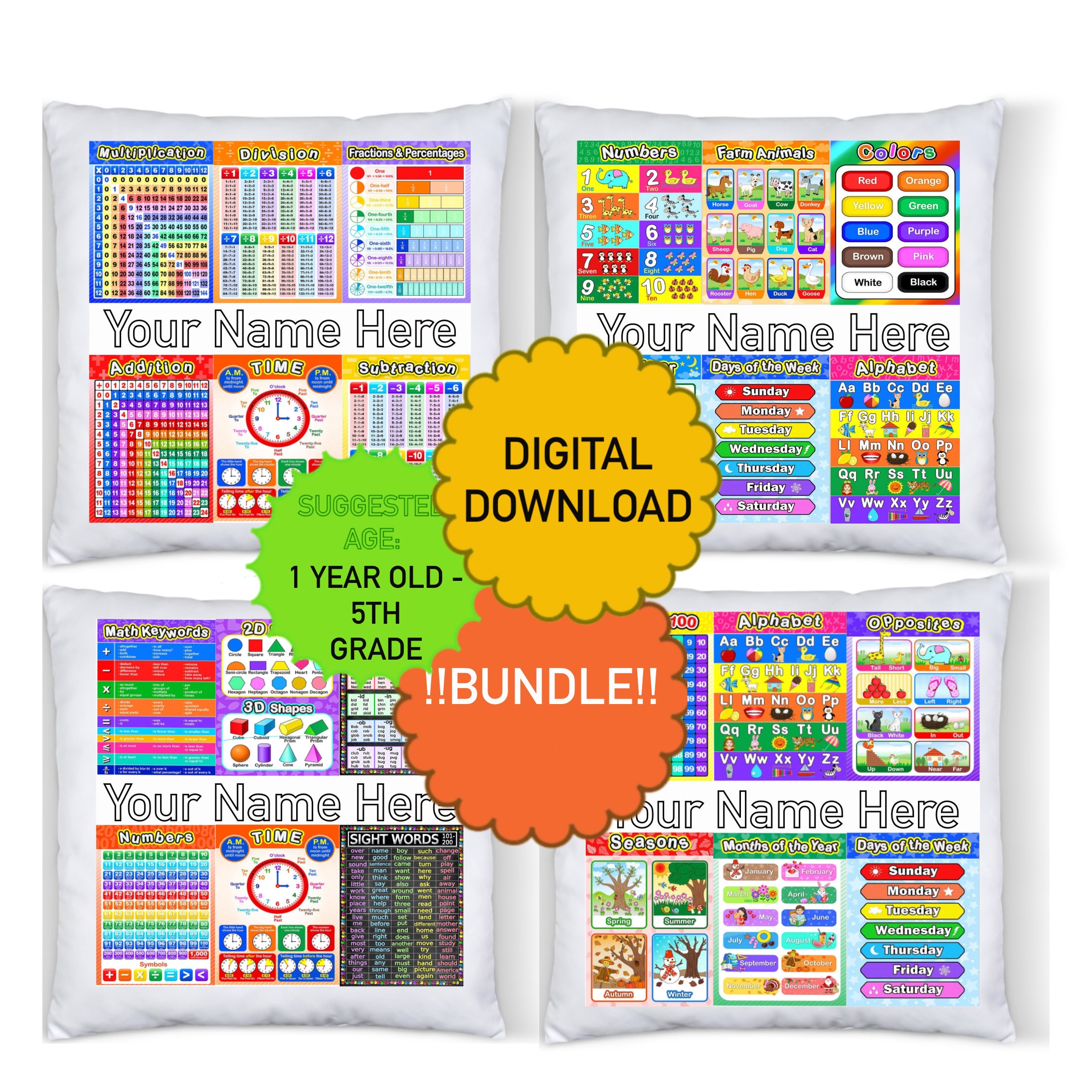 Toddler 1 Year Old - 5th Grade Learning Pillow Template Bundle - Etsy