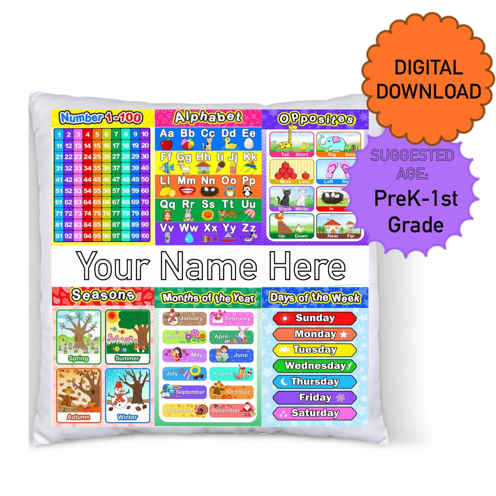 Pre-k - 1st Grade Learning Pillow Template PNG Download - Etsy