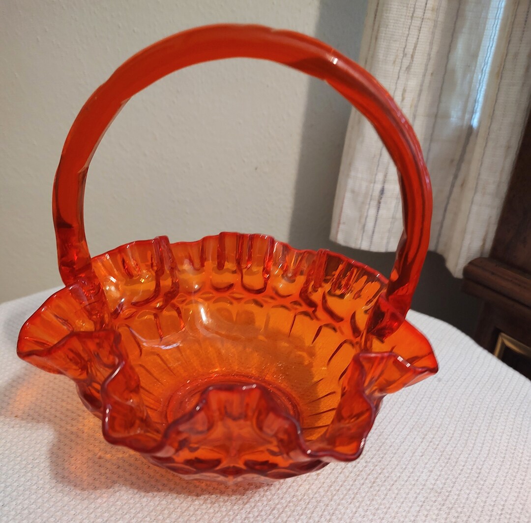 Fenton Orange Glass Ruffled Edge Basket - Etsy