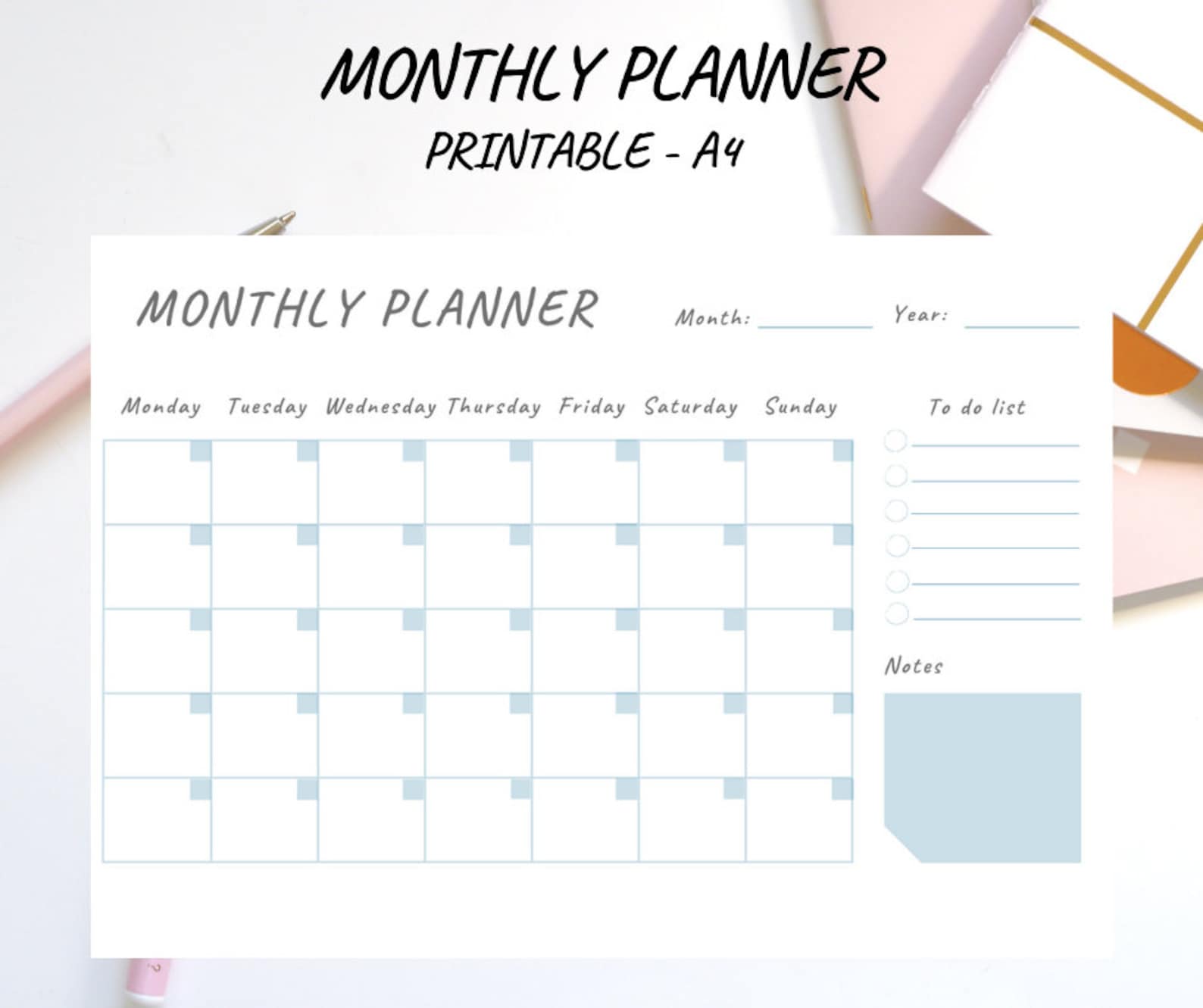 Monthly Planner A4 Printable Monthly Planner PDF | Etsy