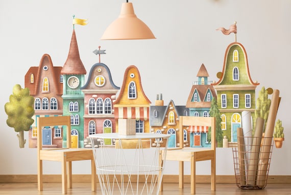 Houses Wall Decals Hand Drawn Little Town Decal City Wall | Etsy