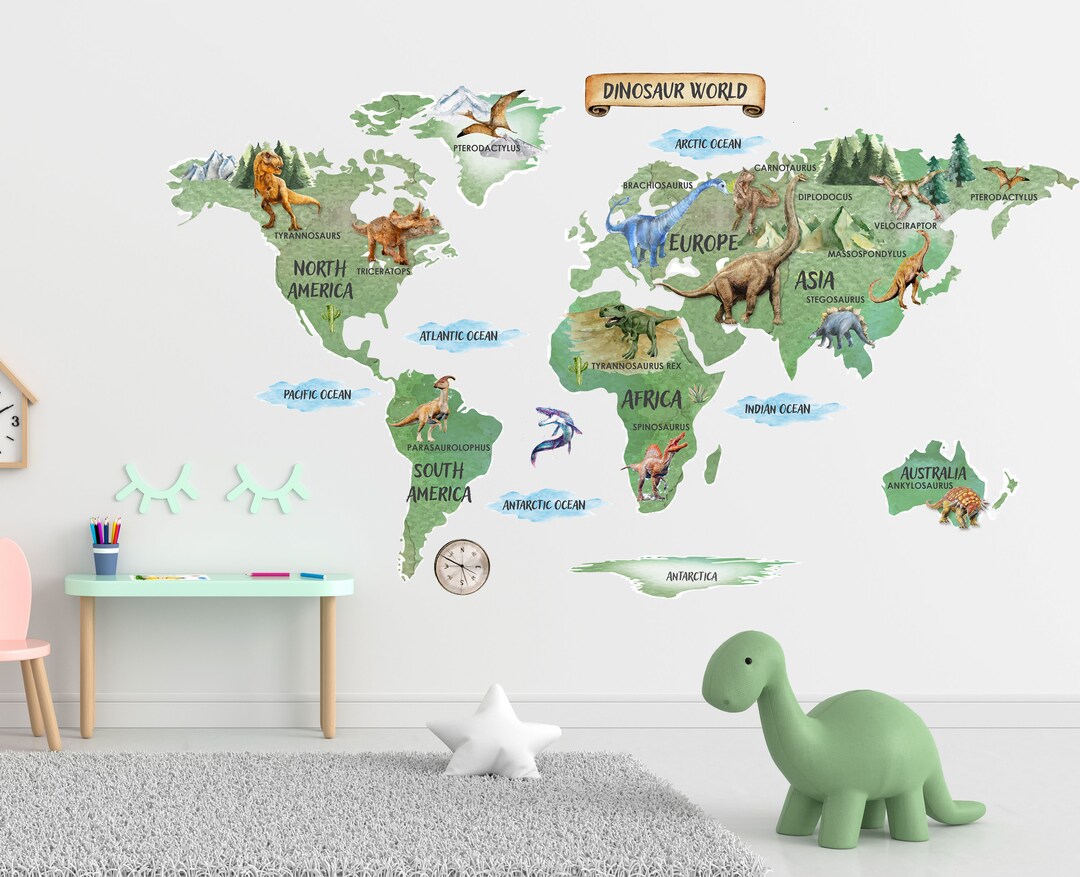 Dinosaur Wall Decal Set for Kids World Map, Dinosaurs Nursery Wall ...