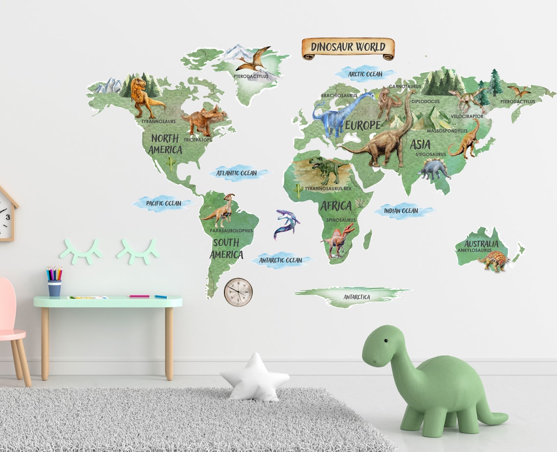 Dinosaur Wall Decal Set for Kids World Map Dinosaurs Nursery - Etsy