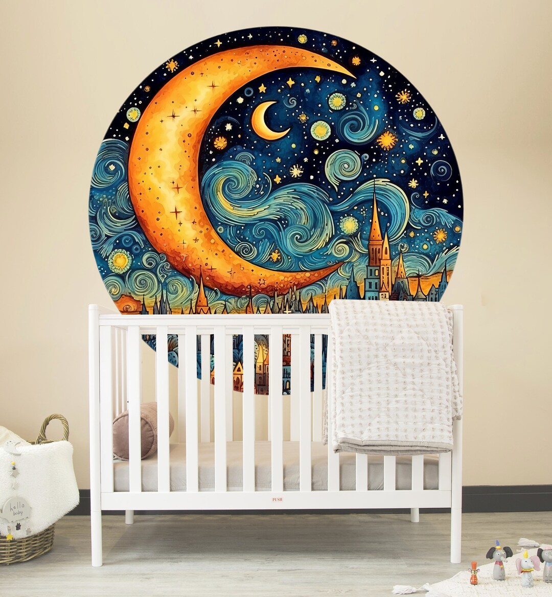 Starry Night Moon Wall Decal, Moon Circle Textured Wall Sticker ...