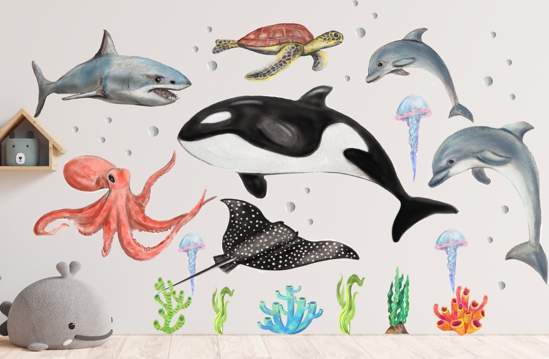 Ocean Animal Wall Decals , Sea Life Wall Stickers, Watercolor Sea Life ...