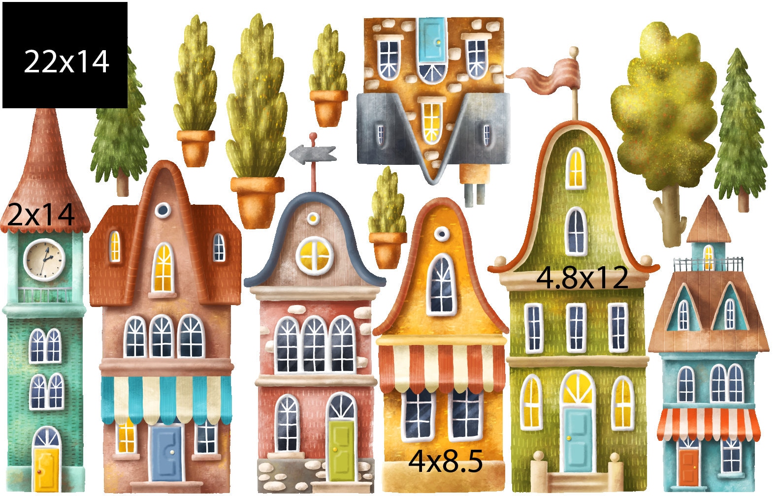 Houses Wall Decals Hand Drawn Little Town Decal City Wall | Etsy