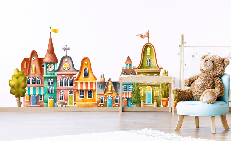 Houses Wall Decals Hand Drawn Little Town Decal City Wall | Etsy