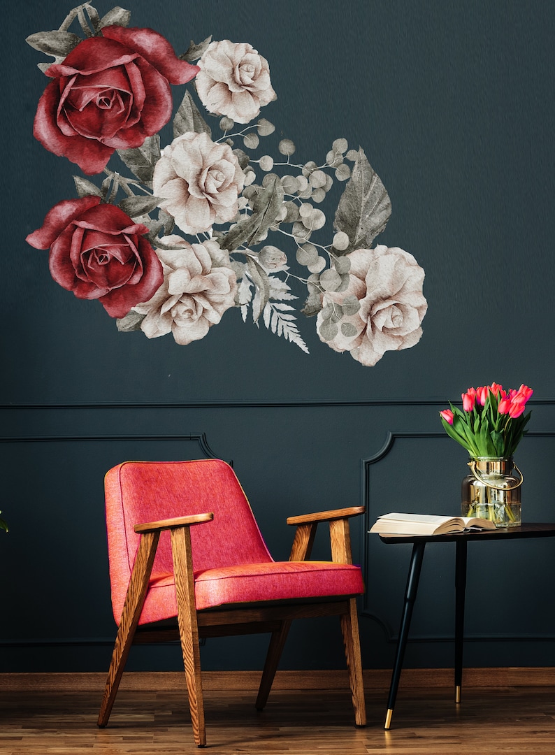 Rose Wall Decal, Modern Flower Nursery Floral Wall Stickers, Living ...