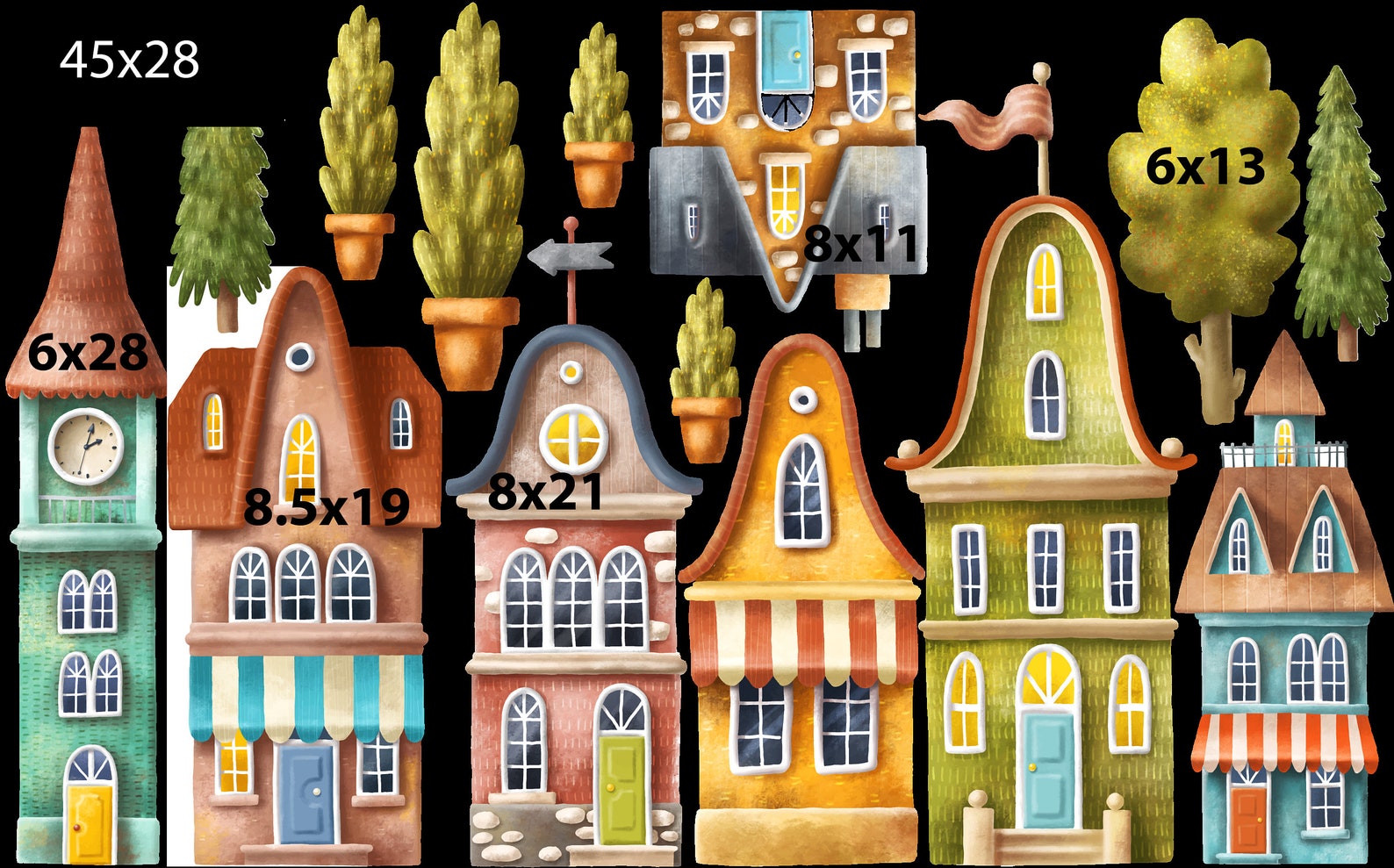 Houses Wall Decals Hand Drawn Little Town Decal City Wall | Etsy