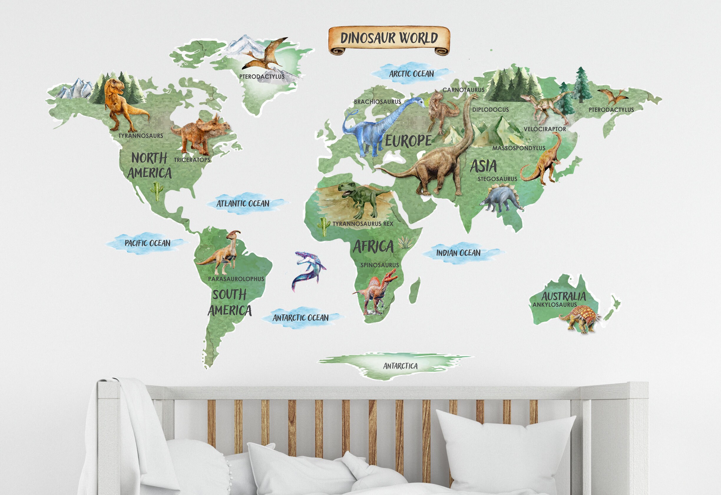 Dinosaur Wall Decal Set for Kids World Map Dinosaurs Nursery - Etsy