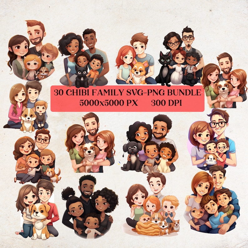 Family Clipart, SVG-PNG Bundle, Mom, Dad, Children, Pet, Chibi Clipart ...