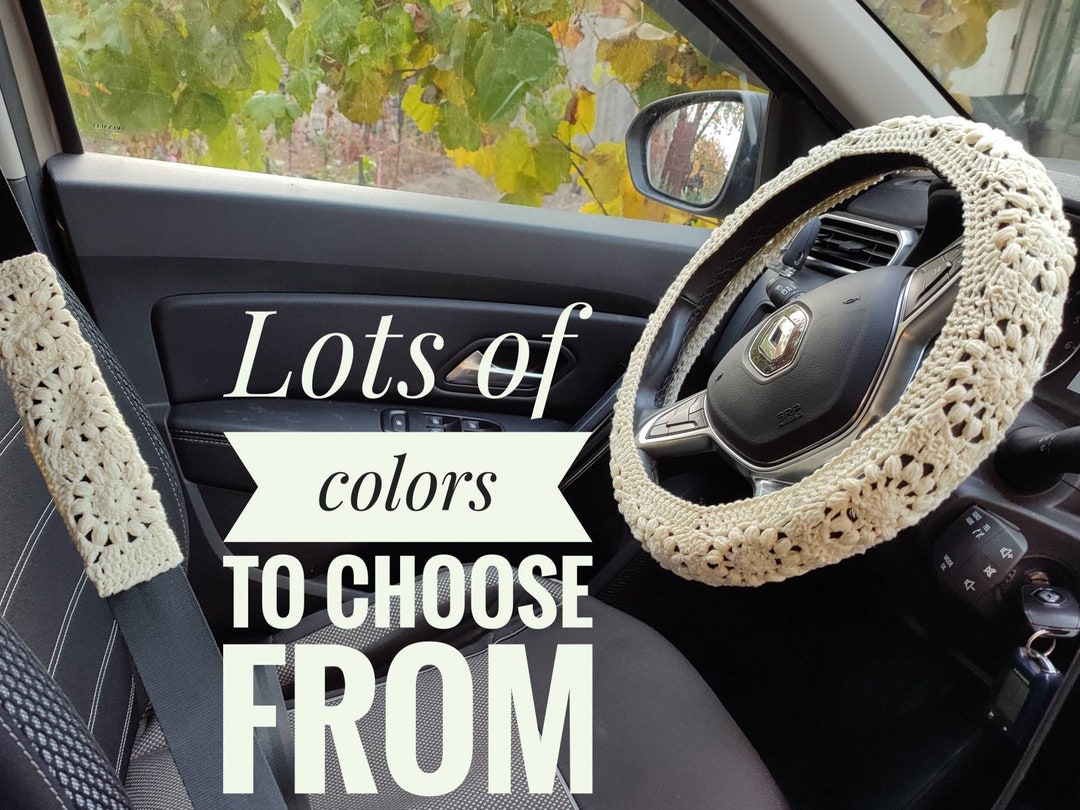 Car Accessories for Women Ivory Crochet Steering Wheel Cover Boho Girly ...