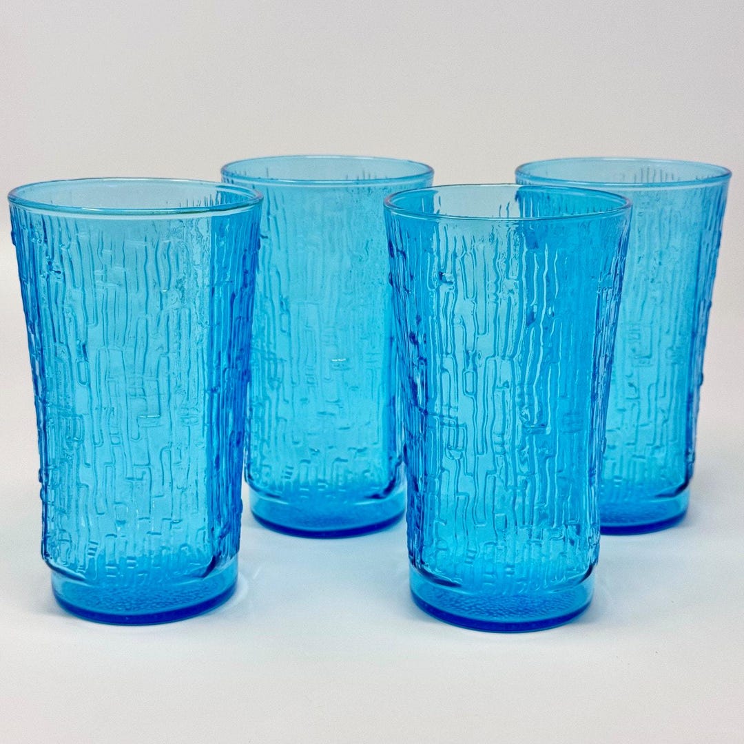 Vintage 1970s Anchor Hocking Pagoda Laser Blue 12 Oz Drinking Glasses ...