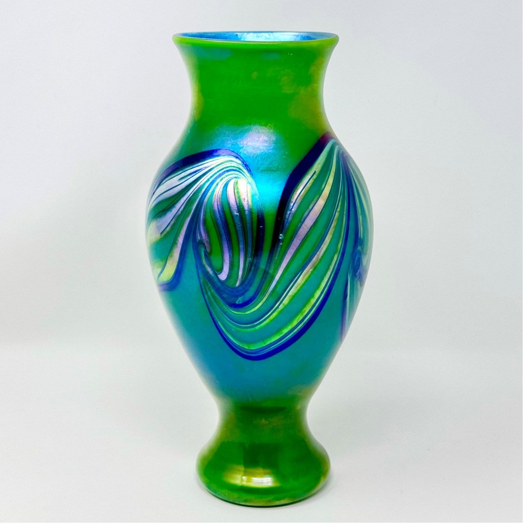 Vintage 1976 Orient & Flume Signed Green and Blue Iridescent Feathered ...
