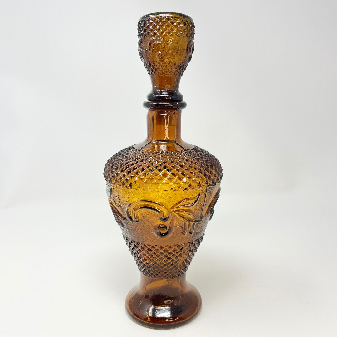 Vintage 1970s Amber Glass Decanter With Diamond Cut and Leaves Design ...