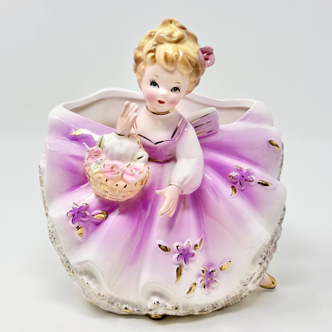 Vintage 1961 Inarco E-436C Girl in Purple Dress W/flower Basket Ceramic ...