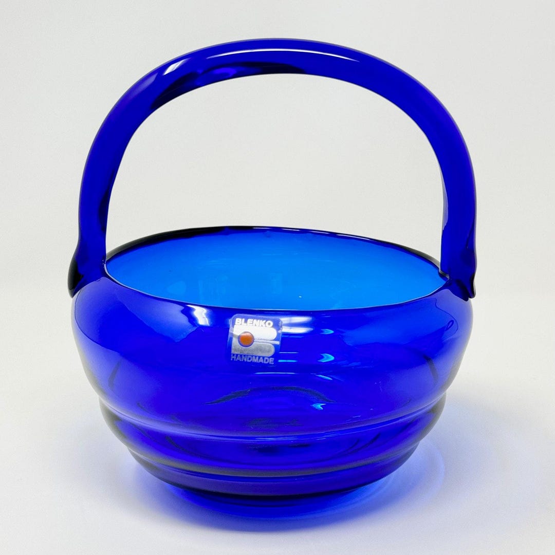 Vintage 1980s Blenko 8618 Sapphire Blue Ribbed Glass Basket W/sticker ...