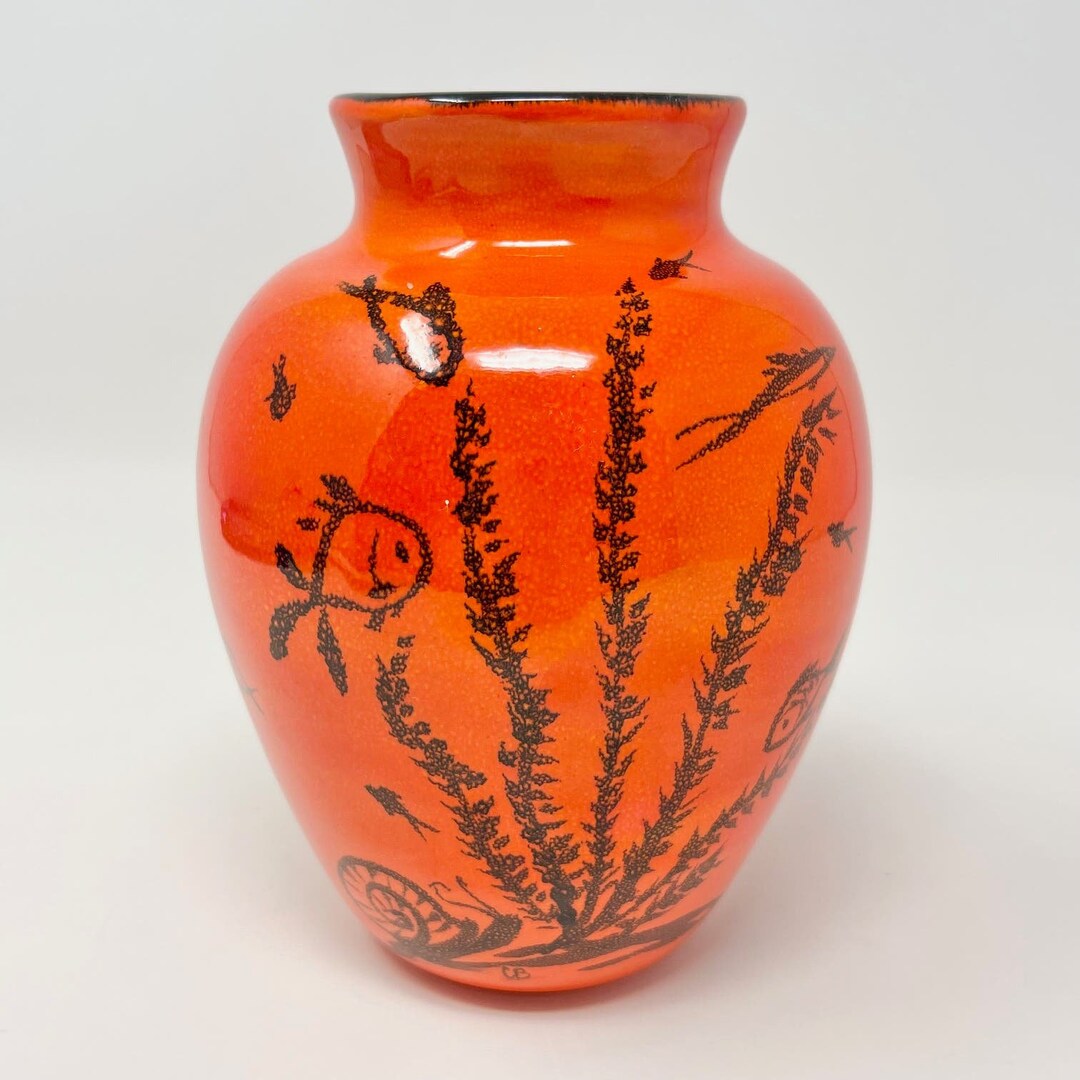 Calico Pottery Works CB Signed Orange and Black Underwater Fish Pottery ...