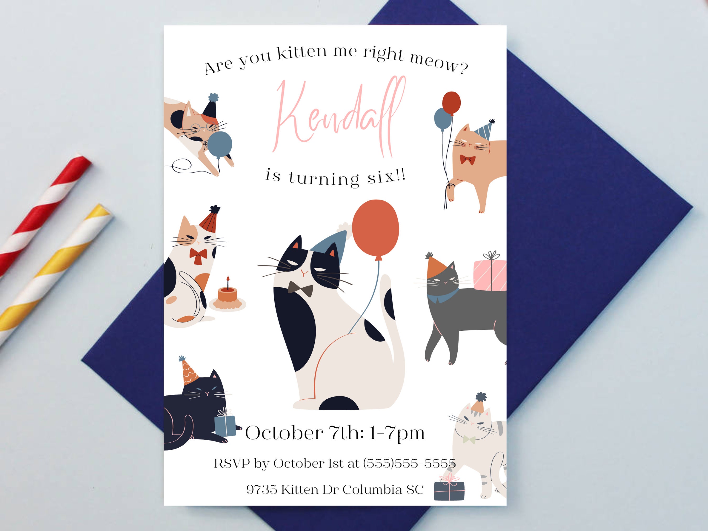 Cat Birthday Invitation Cat Birthday Party Invitation - Etsy