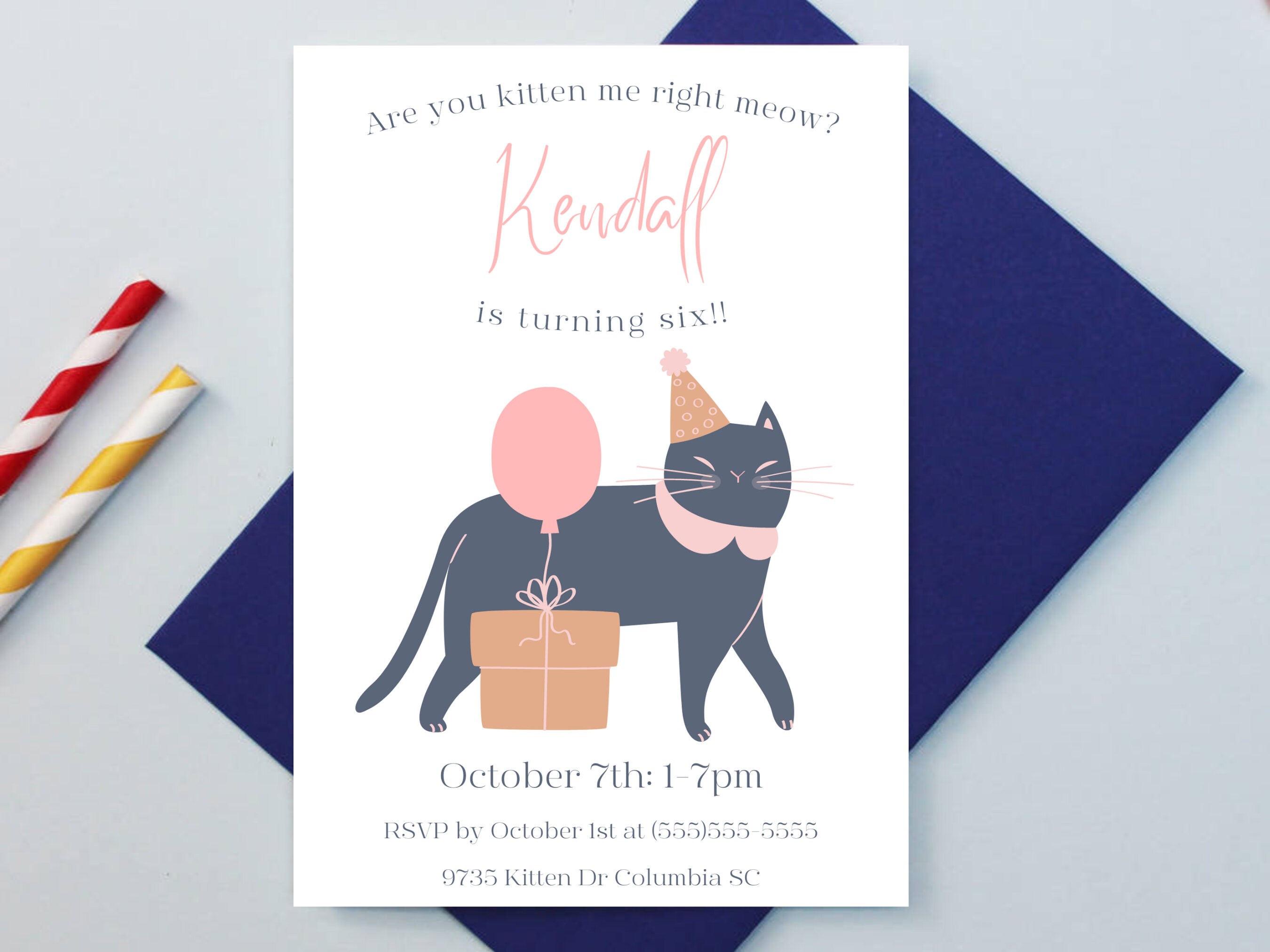Cat Birthday Invitation, Cat Birthday Party Invitation Template ...