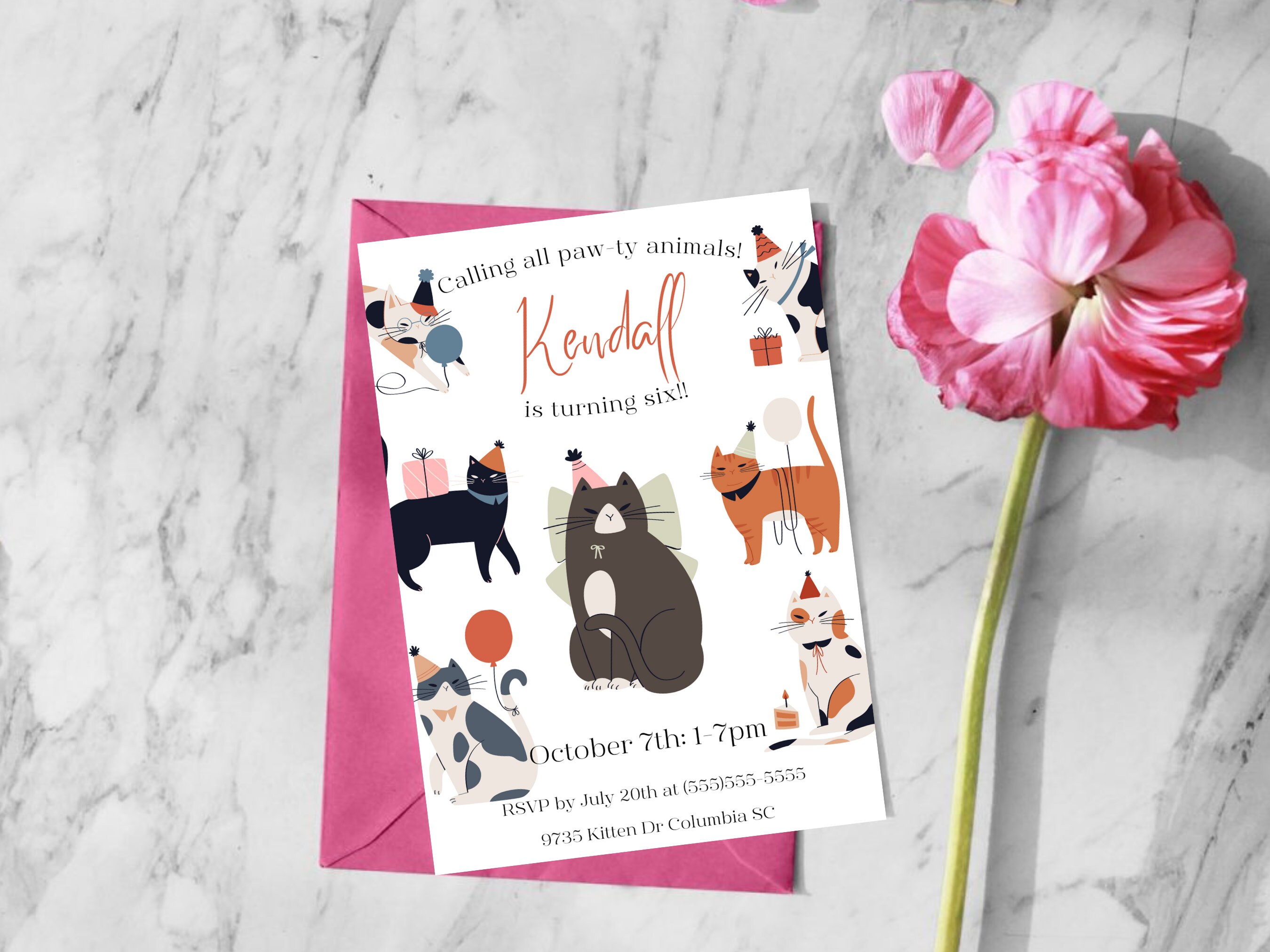 Cat Birthday Invitation, Cat Birthday Party Invitation Template ...