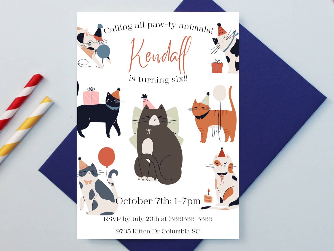 Cat Birthday Invitation, Cat Birthday Party Invitation Template ...