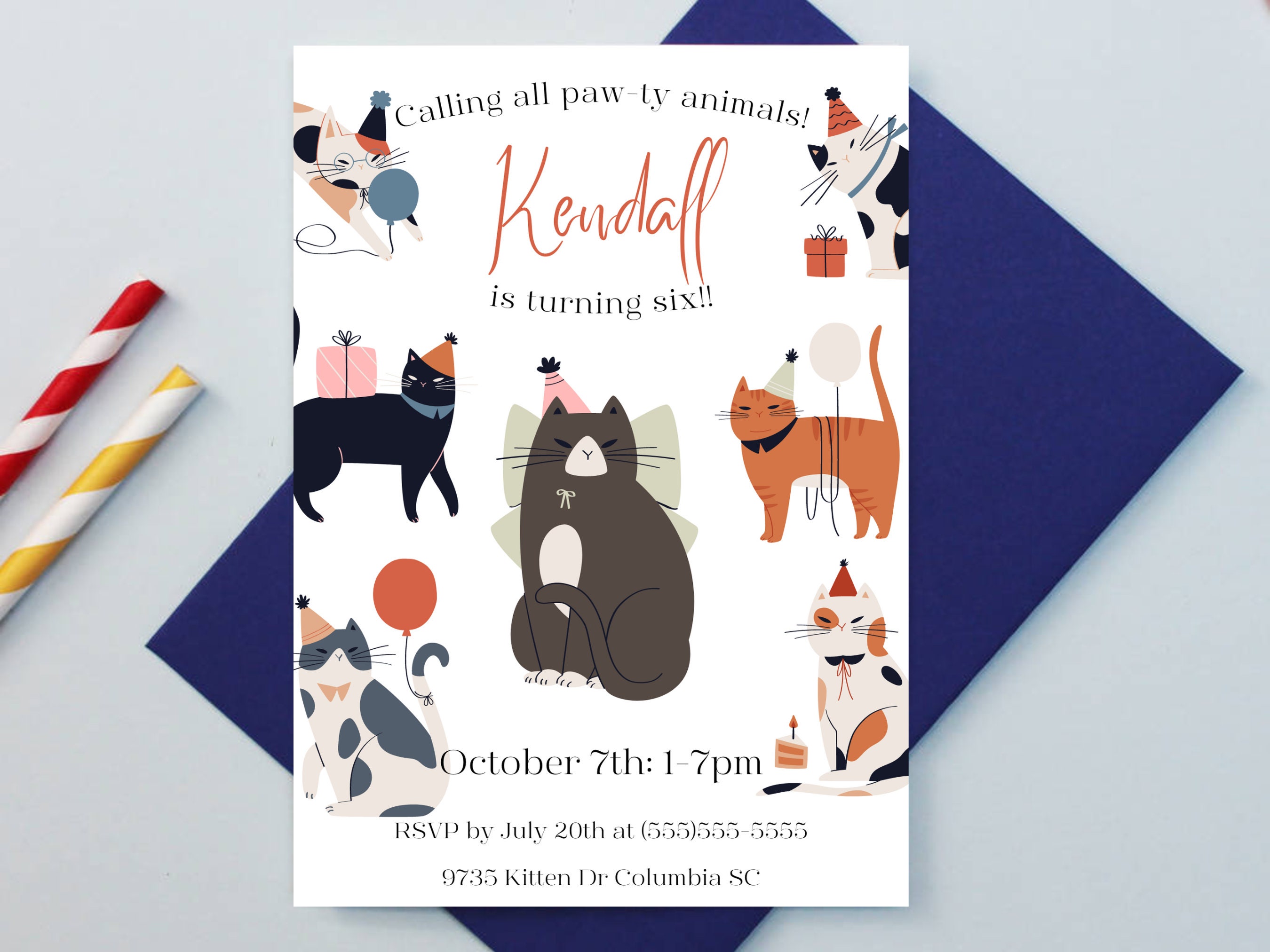 Cat Birthday Invitation, Cat Birthday Party Invitation Template ...