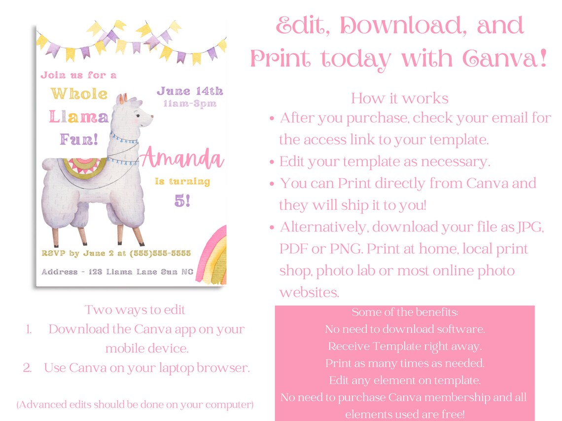 Llama Birthday Party Invitation Template, Llama Birthday Invitation ...