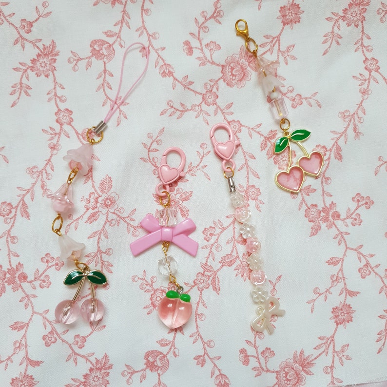Kawaii Cute Pink Flower Cherry Floral Bead Charm Pendant Phone Strap ...