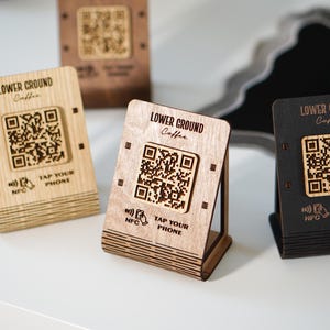Custom NFC QR Code Plywood Stand: Engraved Logo, Tap to Connect - Etsy