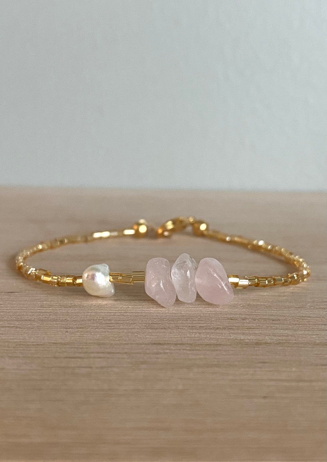 Natural Rose Quartz Gemstone Bracelet W/ Pearl Accent - Etsy