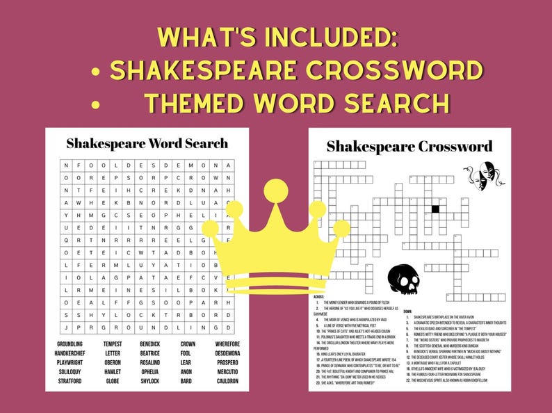 Shakespeare Activity Bundle | Printable Word Search & Crossword Puzzle ...