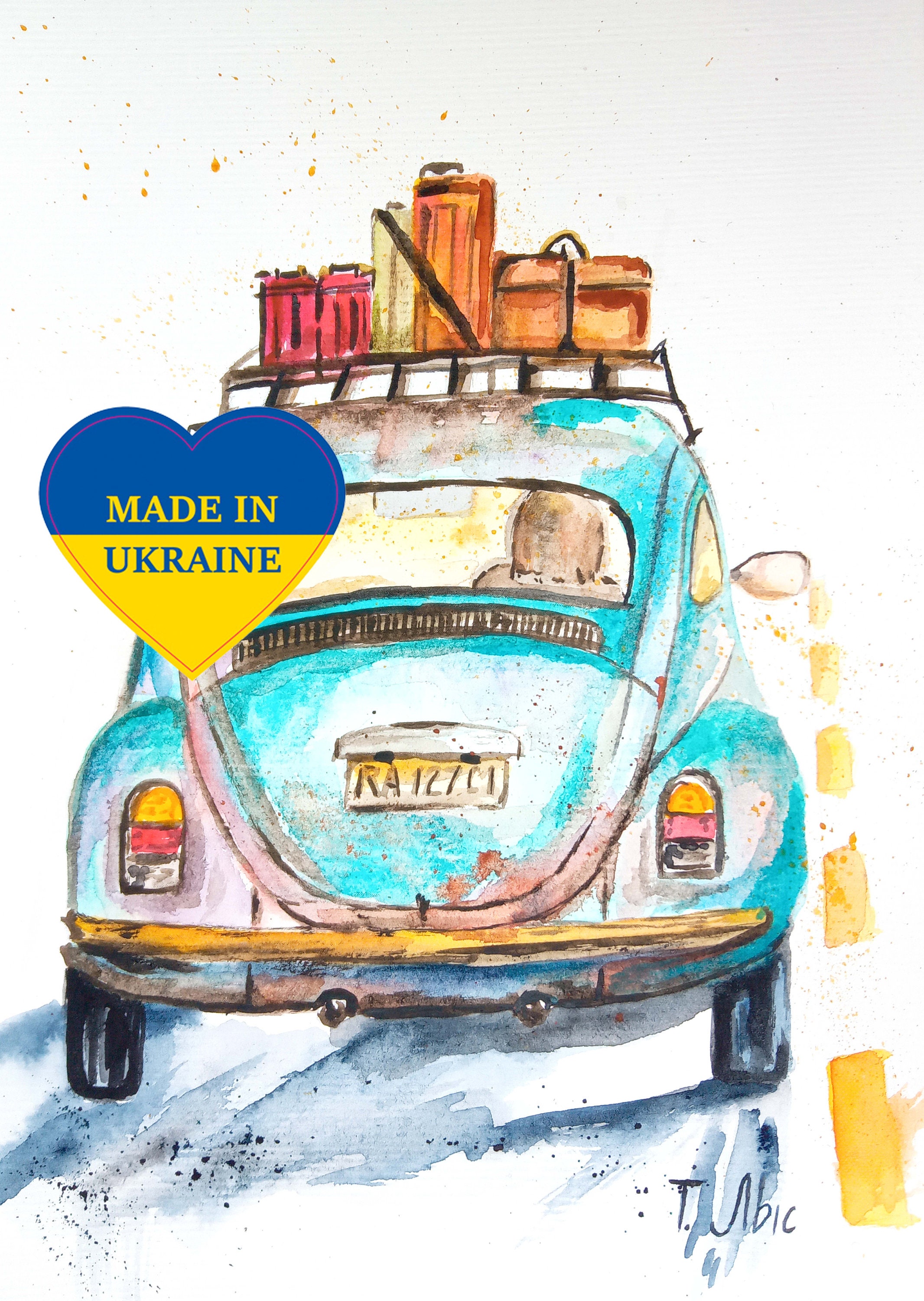 Printable Watercolor Drawing Traveling in a Retro Car, DIGITAL UPLOAD ...