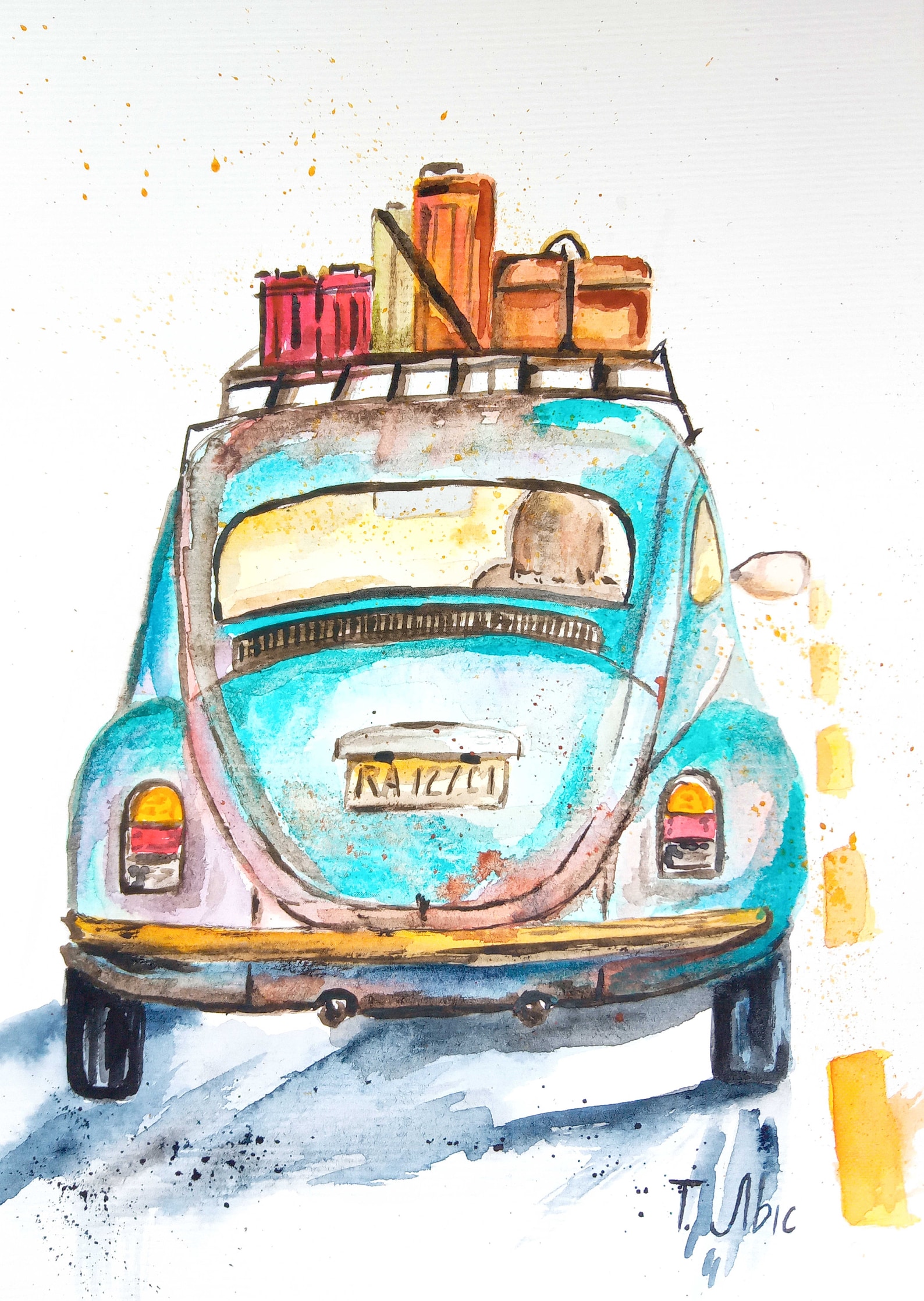 Printable Watercolor Drawing Traveling in a Retro Car, DIGITAL UPLOAD ...