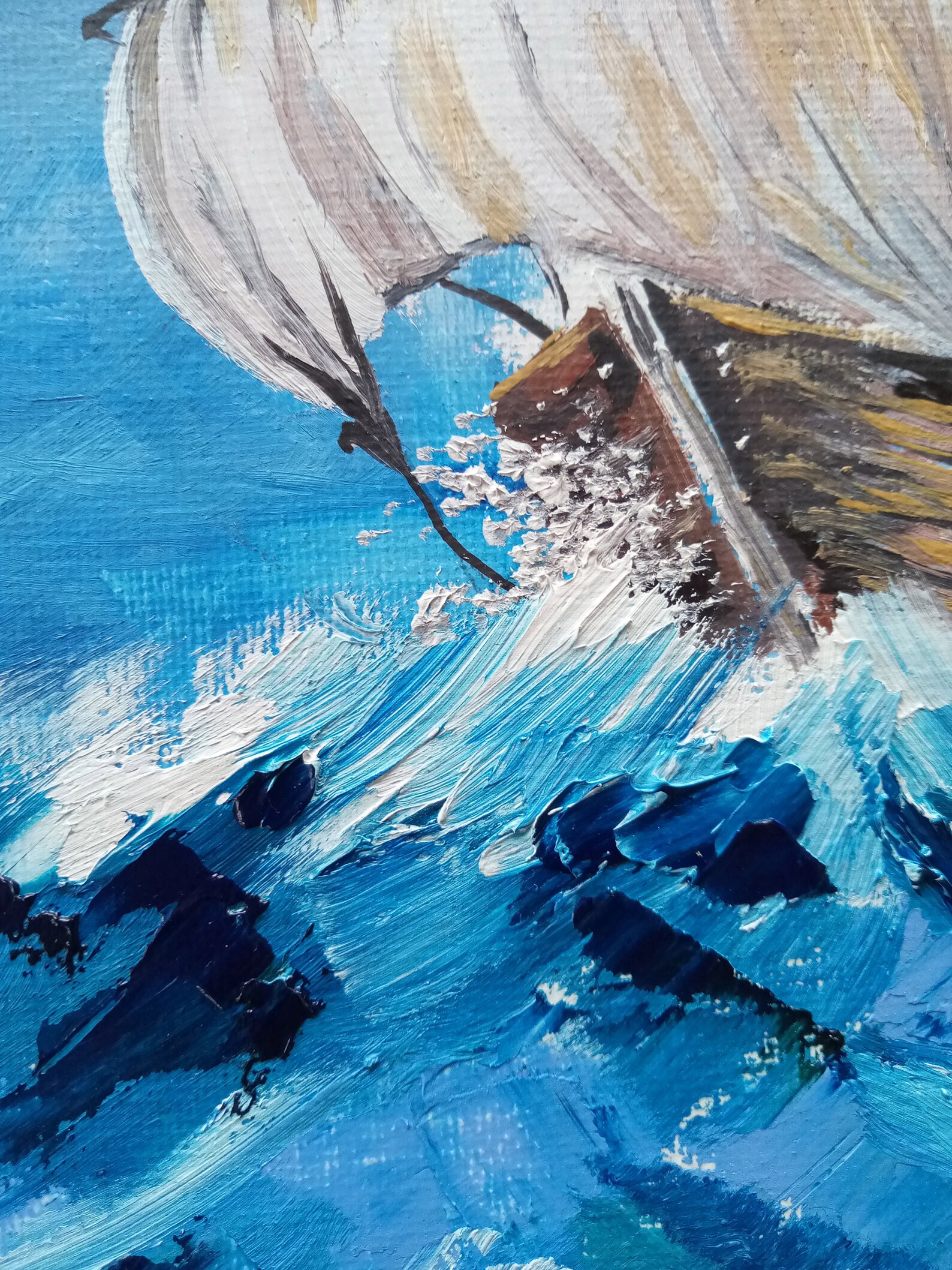 Seascape Oil Painting Raging Sea Original Art Sailboat on Water Storm ...