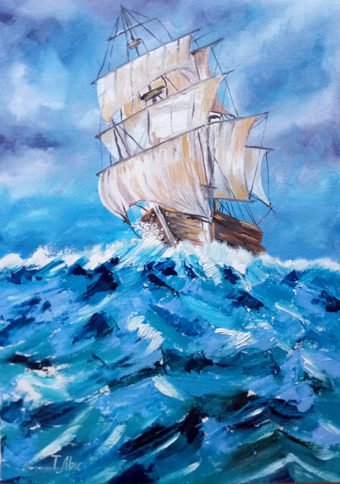 Seascape Oil Painting Raging Sea Original Art Sailboat on - Etsy