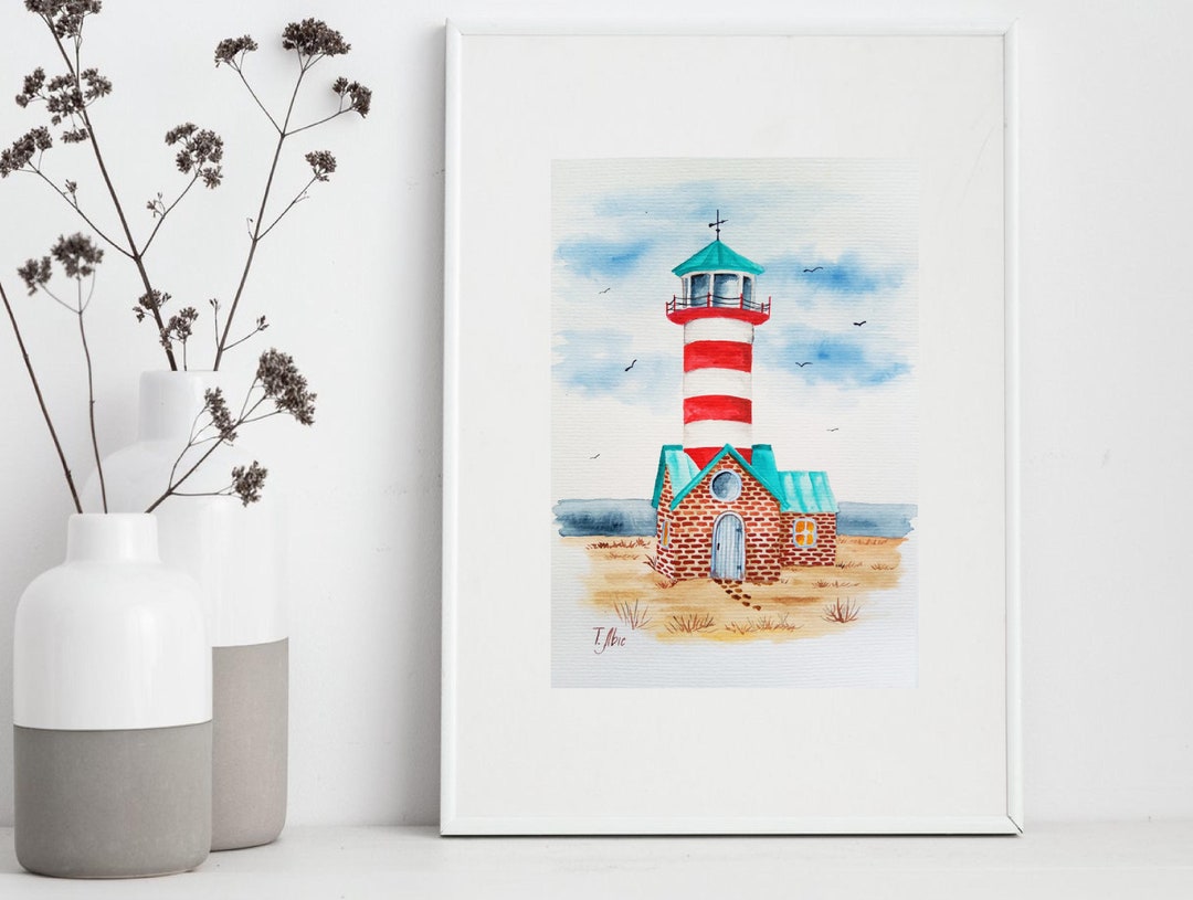 Watercolor Drawing Cute Cozy Lighthouse House in Florida 6x8 Inch Wall ...