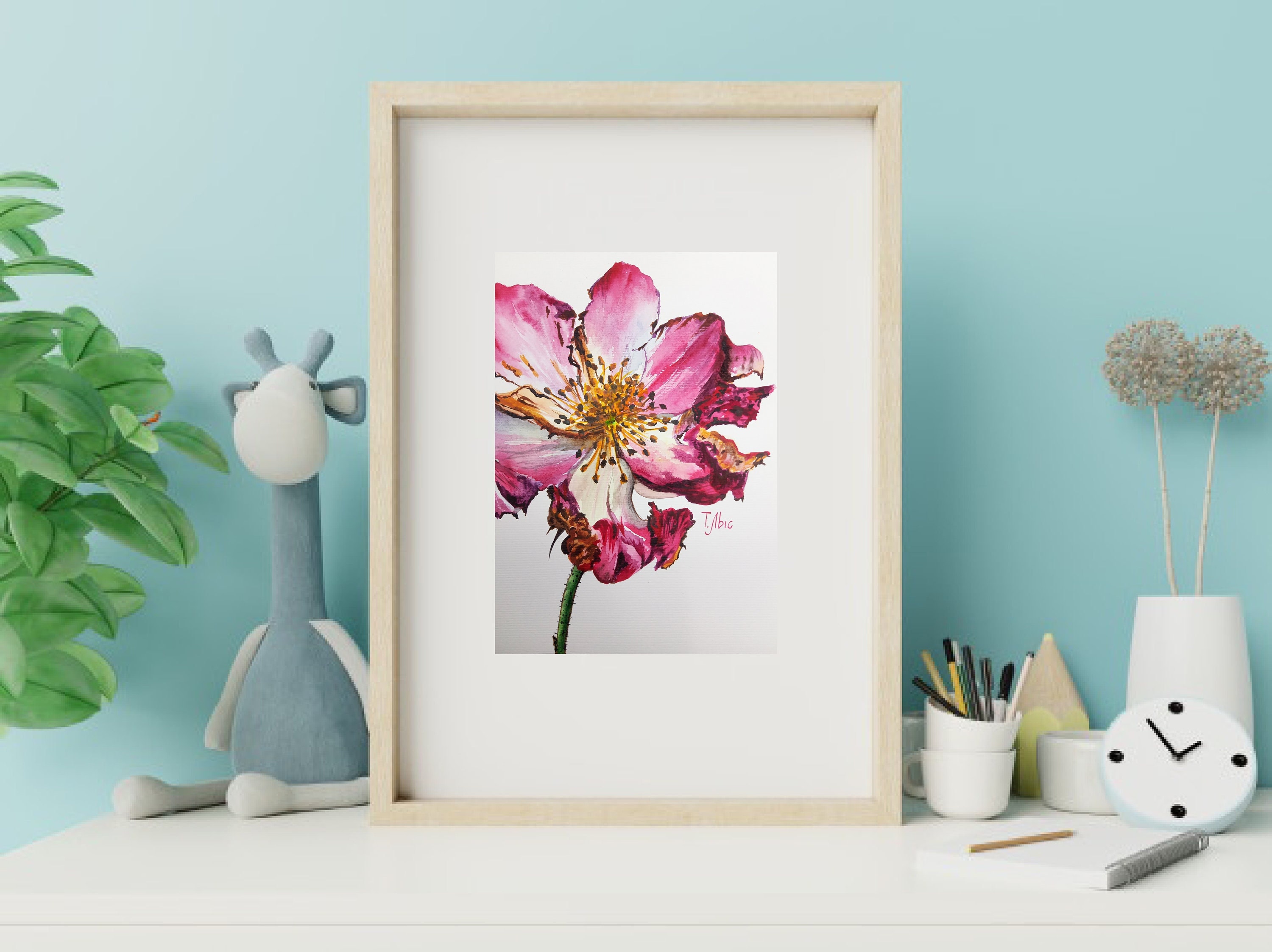 Original Watercolor Pink Withering Flower 8,2x5,8 In. Drawing Botanical ...
