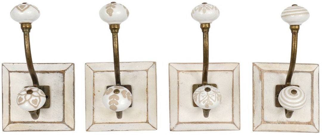Vintage Style White Ceramic Wall Hooks White Wooden Base Wall Hooks ...