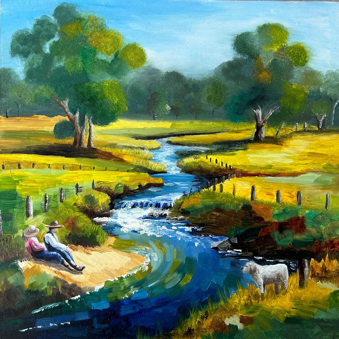 Original Oil Painting Countryside Living Farmers Resting by the Running ...