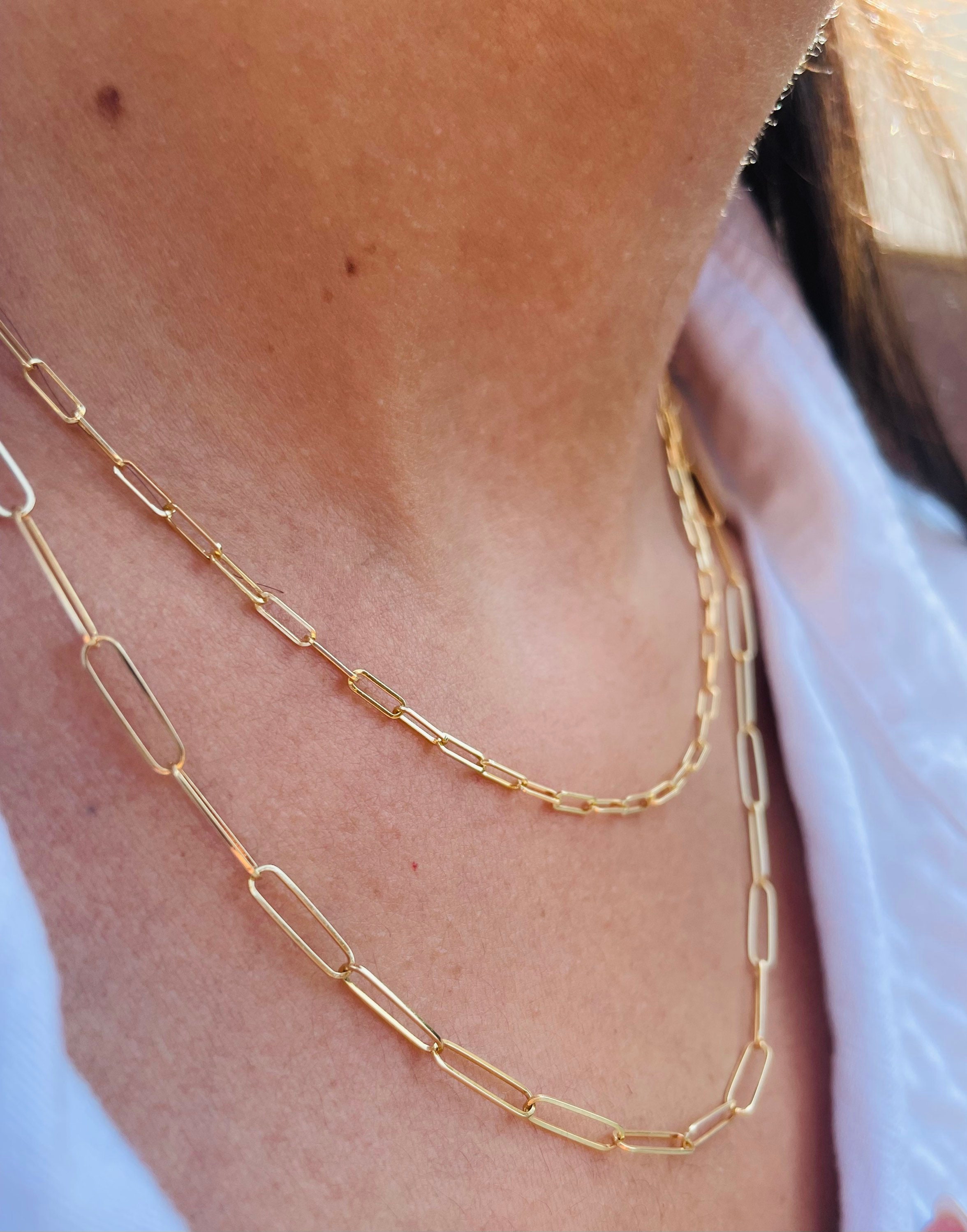 Solid 14k Gold Paperclip Necklace Real 14K Gold Dainty | Etsy