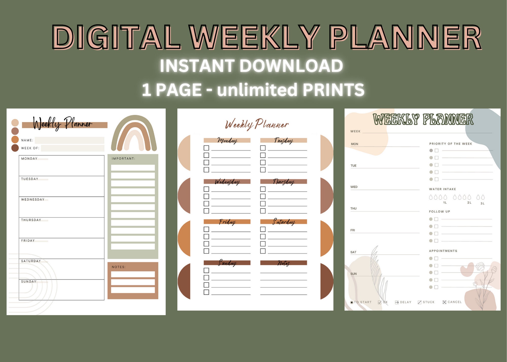 Weekly Printable Planner, Instant Download, Boho, Weekly Schedule - Etsy
